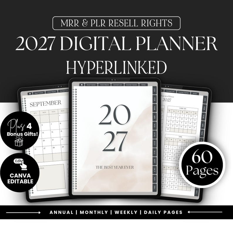 2027 Digital Planner PLR MRR Template, Canva Editable, Hyperlinked Goal ...
