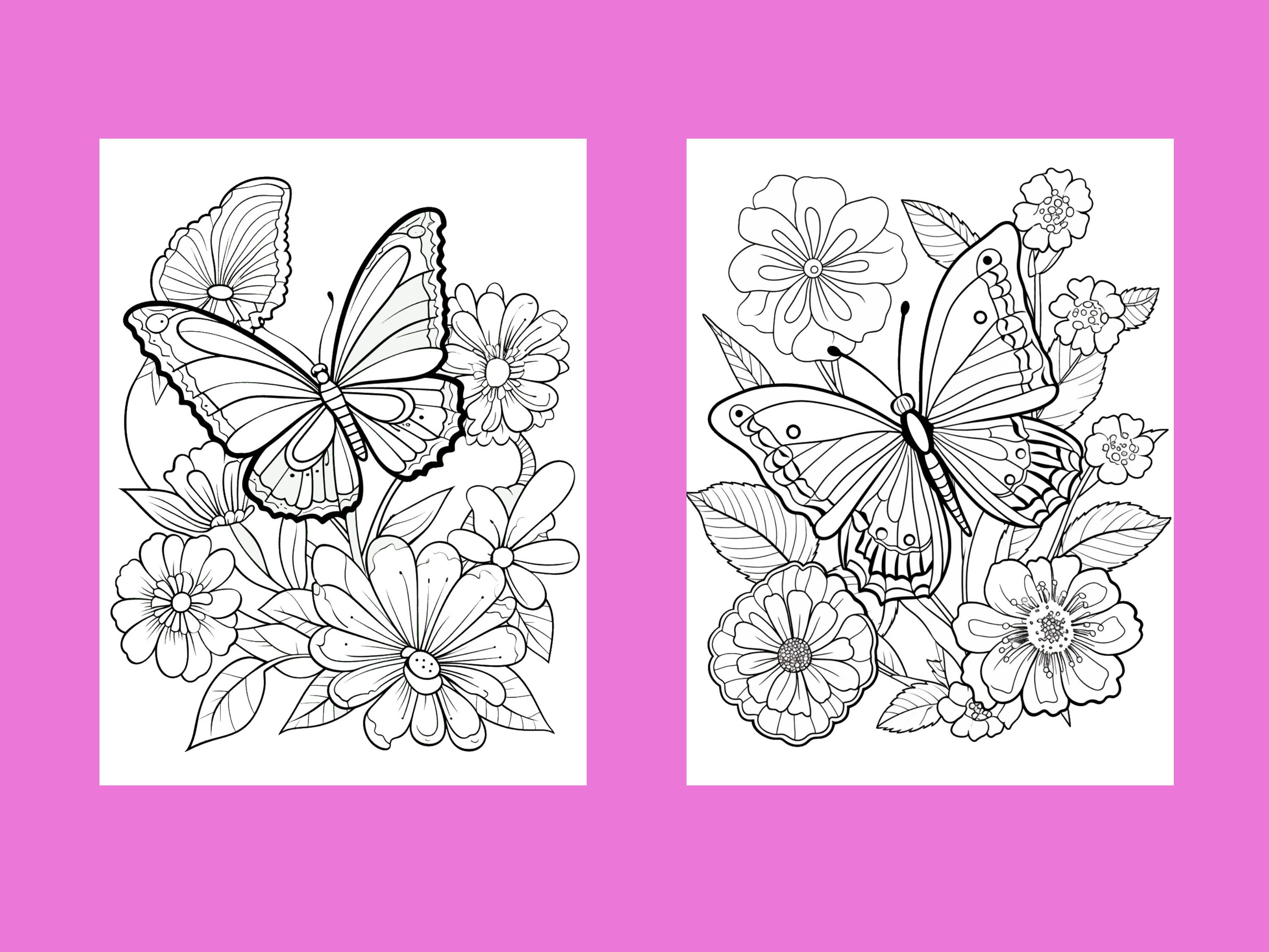 50 Relaxing Coloring Pages With Butterflies and Flowers, Cute and Easy ...