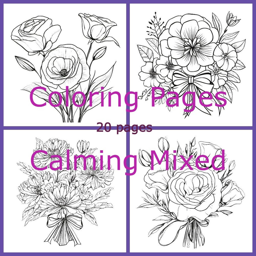 20 Relaxing Coloring Printable Pages Calming Mix Flowers Kitten Stress ...