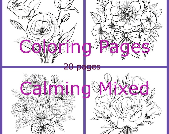 20 Relaxing Coloring Printable Pages Calming Mix Flowers Kitten Stress ...