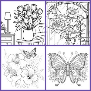 20 Relaxing Coloring Printable Pages Calming Mix Flowers Kitten Stress ...
