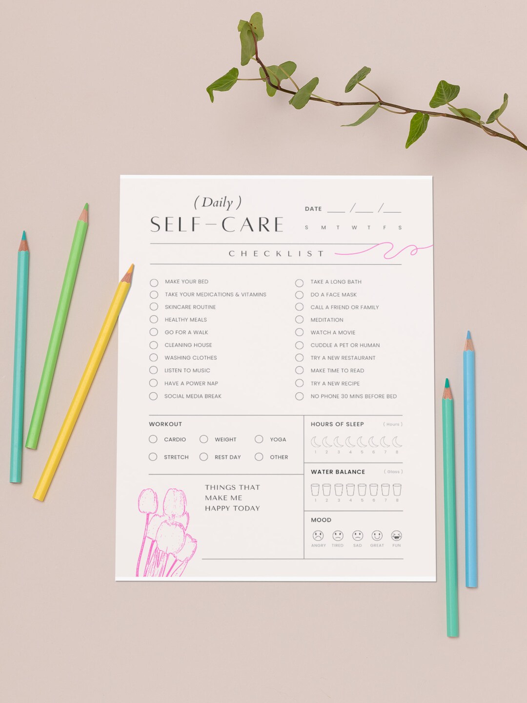 Self-care Checklist Planner, Daily Self-care Planner, Single Page ...