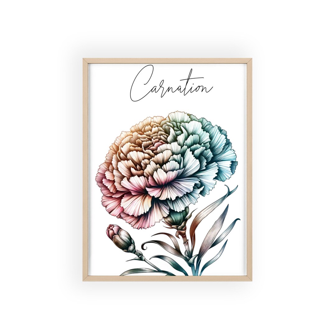 January Carnation Birth Flower Wall Art, Light Wood Frame Poster Print ...