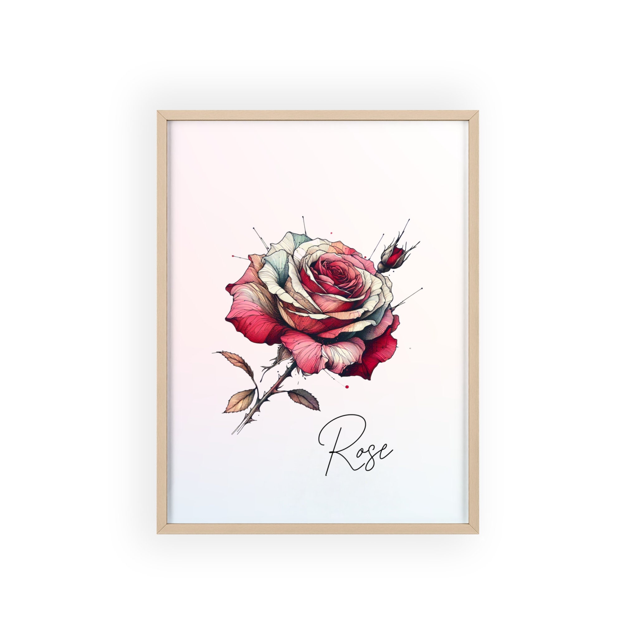 June Rose Birth Flower Wall Art, Light Wood Frame Poster Print, Gift ...
