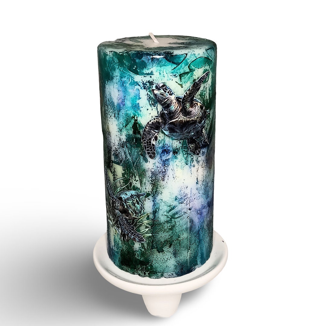 Sea Turtles - Green & Blue Abstract Pillar Candle 6 in Tall X 3 in ...