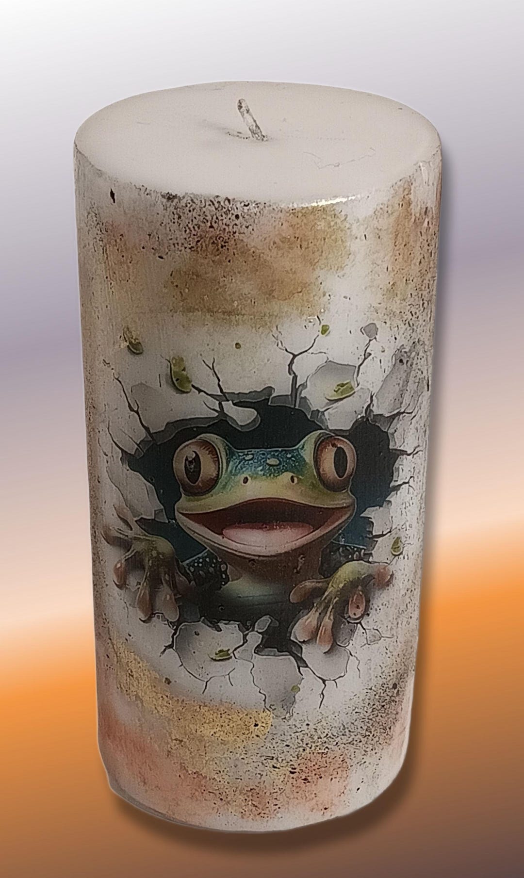 Frog Breaking Out of Wall - Gold & Copper Colors Pillar Candle 6 in ...