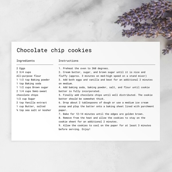 Editable Recipe Card Template, Minimalist Design, Printable, Digital ...