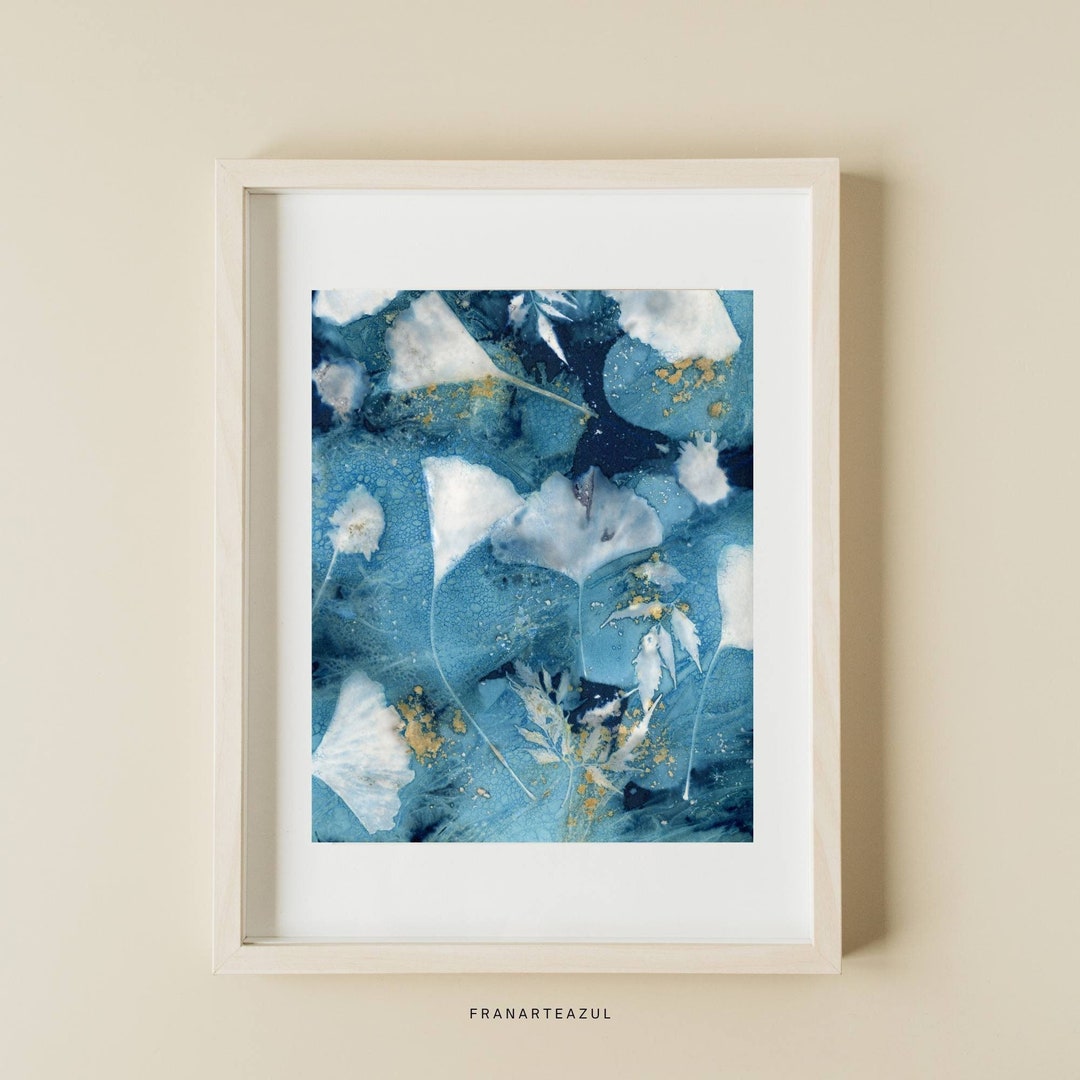 Abstract Botanical Ginkgo Leaf Print Wet Cyanotype Blue Wall Art ...