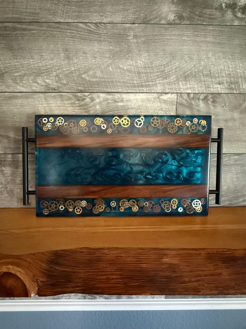 Handmade Steampunk Epoxy Charcuterie Board, Blue and Gold, Anniversary ...
