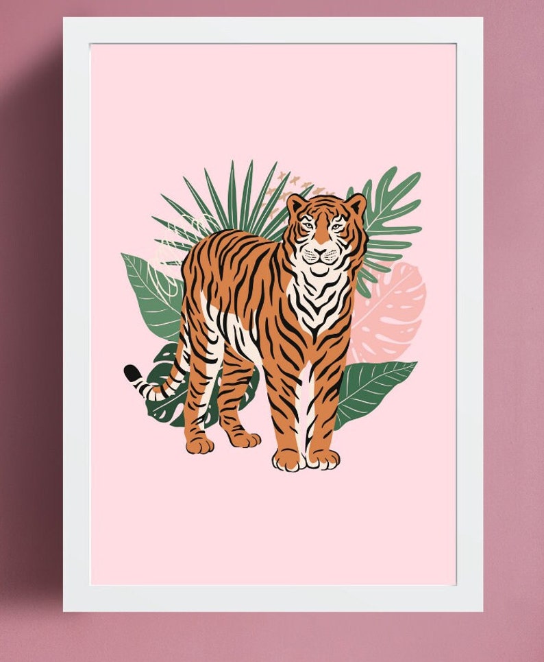 Pink Tiger Print, Colourful Plants Print, Tiger Print Boho, Animal Wall ...