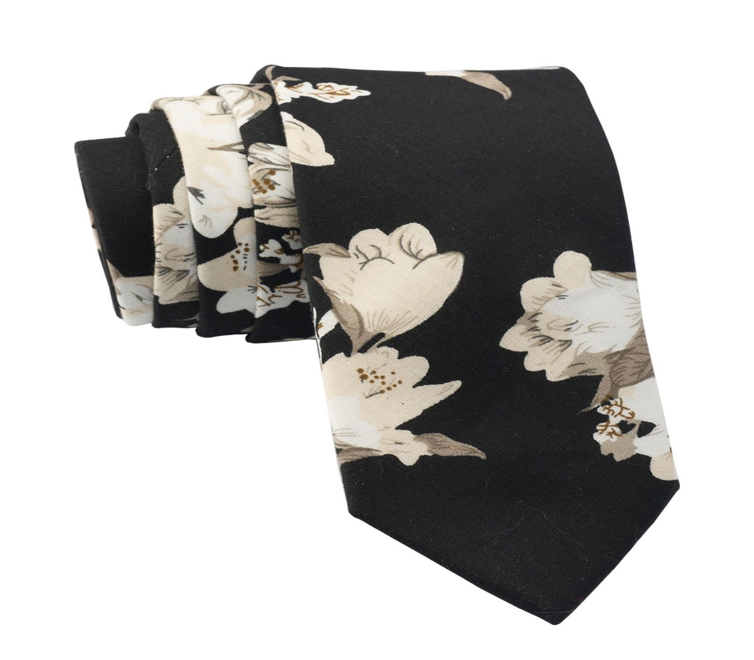 Black & White Floral Tie for Men, Cotton Skinny Tie, Rose Flower ...