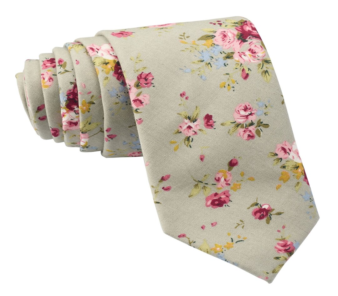 Light Gray Neutral Floral Tie for Men, Cotton Skinny Tie, Flower ...