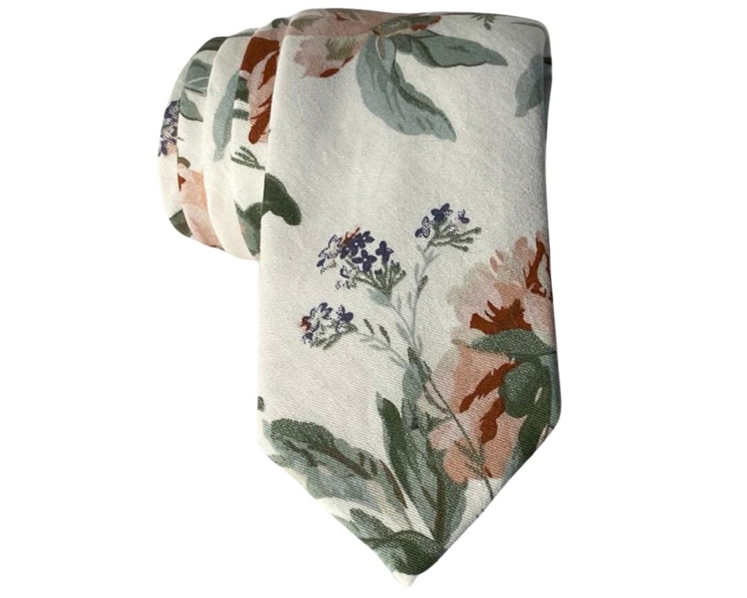 White & Green Floral Tie for Men, Cotton Skinny Tie, Dusty Pink Flower ...