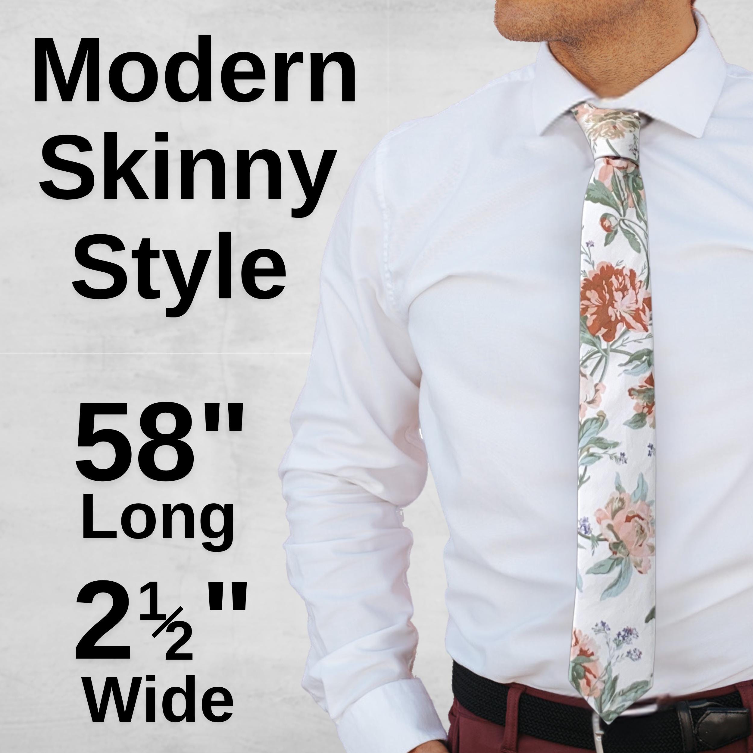 White & Green Floral Tie for Men, Cotton Skinny Tie, Dusty Pink Flower ...