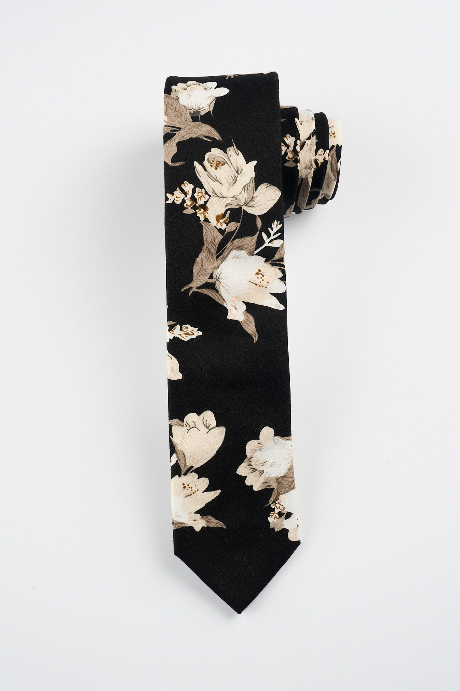 Black & White Floral Tie for Men, Cotton Skinny Tie, Rose Flower ...