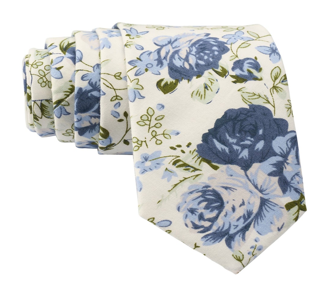 Dusty Blue Floral Tie for Men, Cotton Skinny Tie, Off-white Flower ...