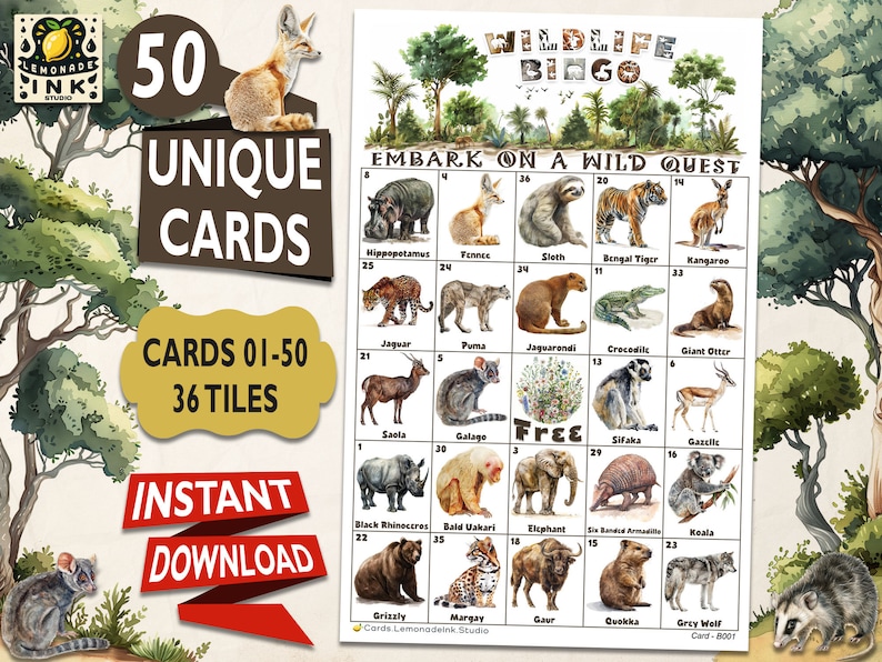 Wildlife Bingo: Embark on a Wild Quest With 50 Unique Printable Cards ...