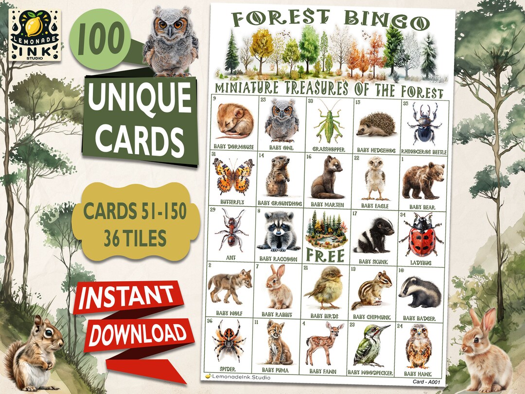 Forest Bingo: 100 Unique Printable Cards of Miniature Treasures of the ...