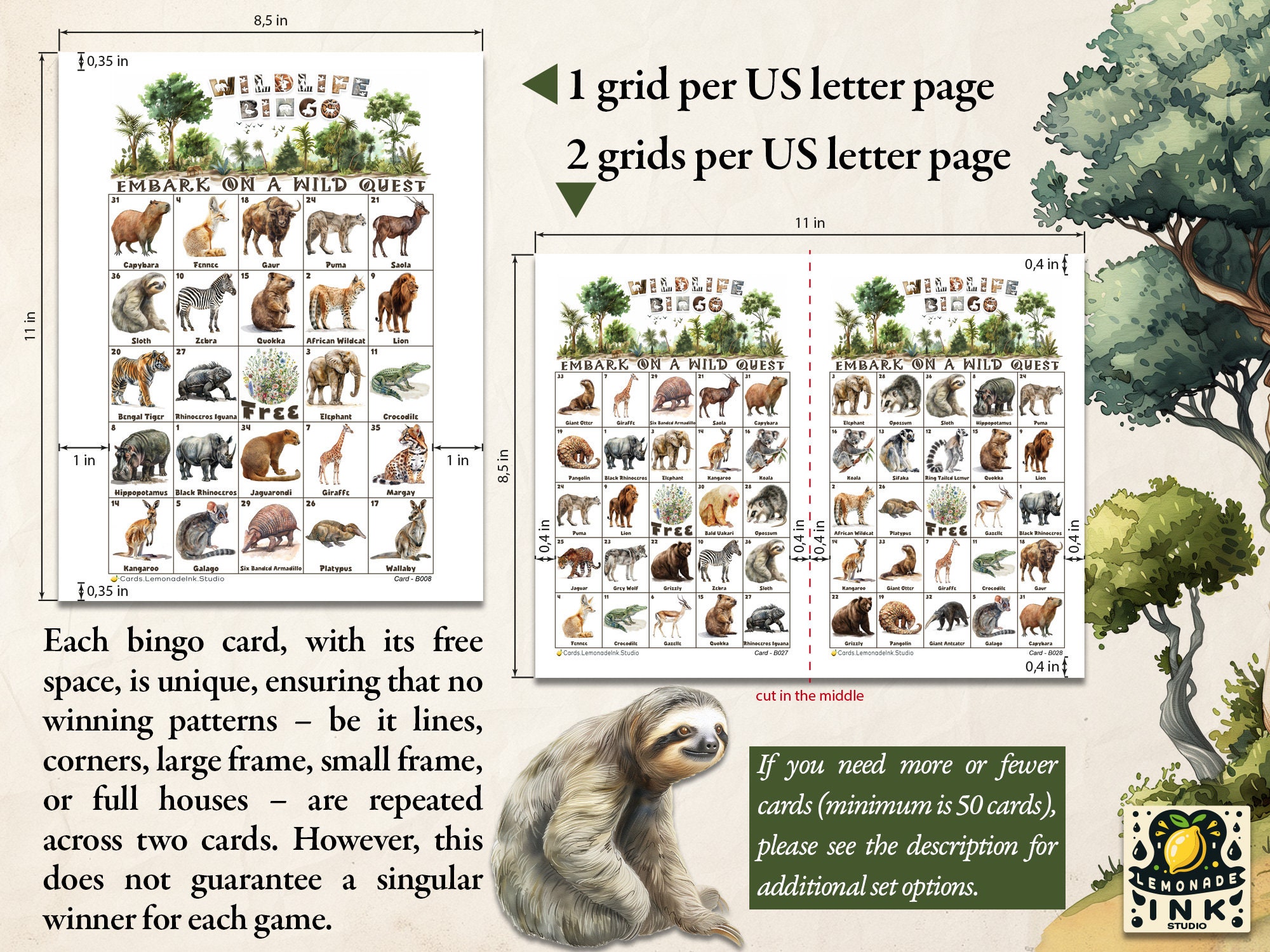 Wildlife Bingo: Embark on a Wild Quest With 50 Unique Printable Cards ...
