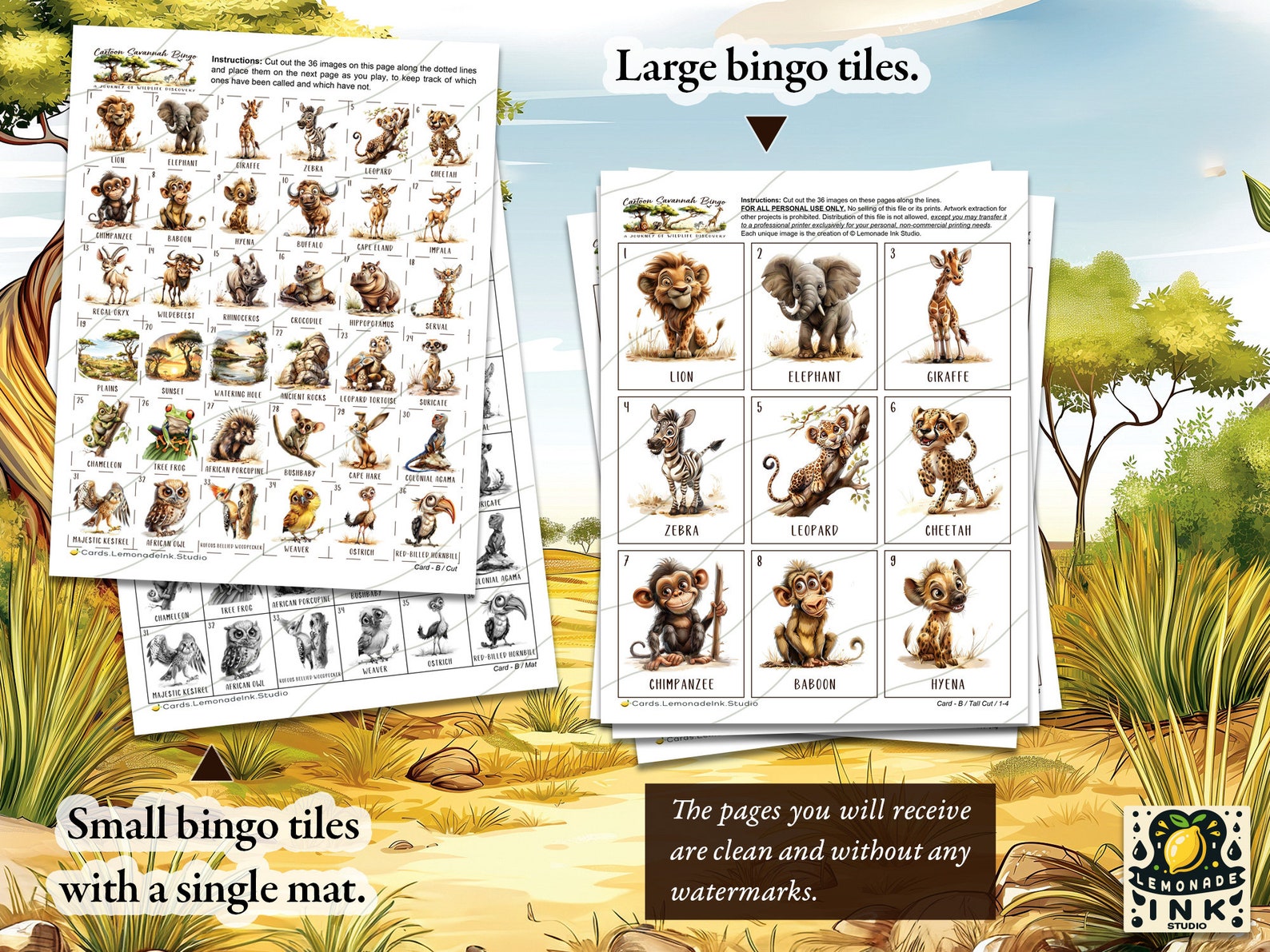 Cartoon Savannah Bingo: Wildlife Discovery With 150 Unique Printable ...