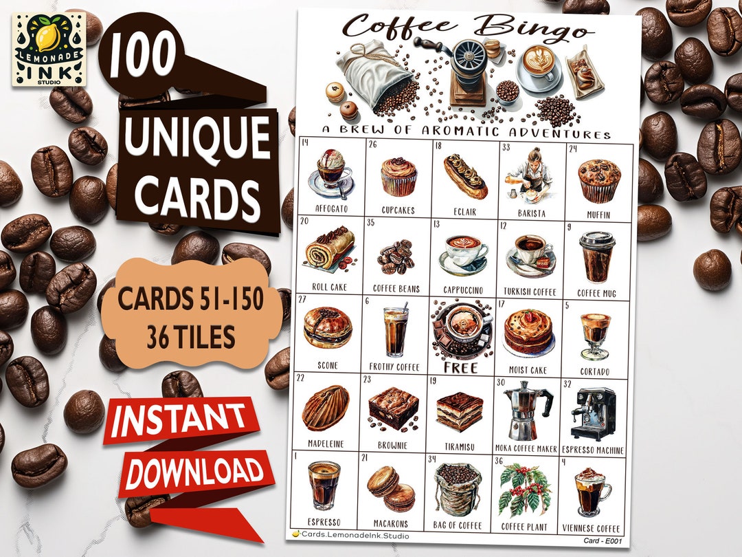 Coffee Bingo: A Rich Palette of Coffee With 100 Unique Printable Cards ...