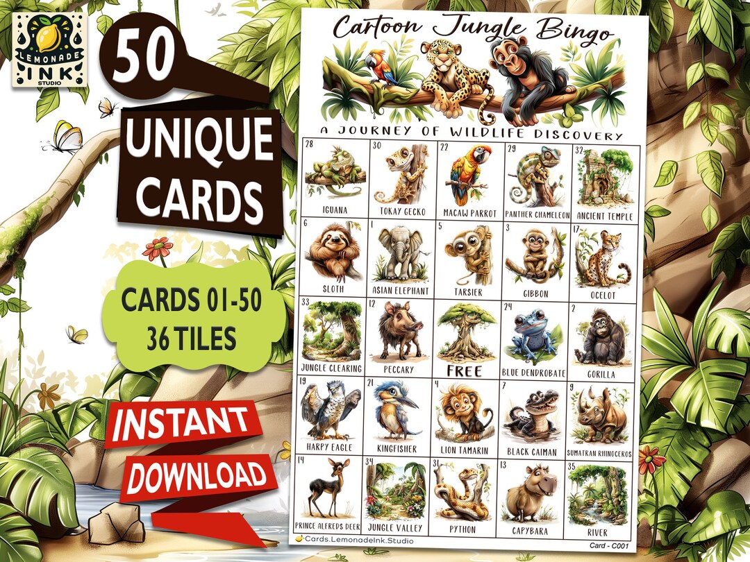 Cartoon Jungle Bingo: Fun Wildlife Discovery With 50 Unique Printable ...
