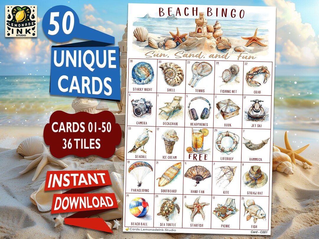Beach Bingo: Sun, Sand, and Fun With 50 Unique Printable Cards - A ...