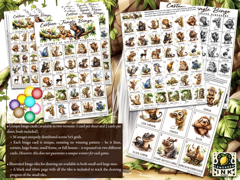 Cartoon Jungle Bingo: Fun Wildlife Discovery With 50 Unique Printable ...