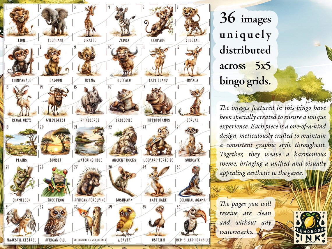 Cartoon Savannah Bingo: Wildlife Discovery With 150 Unique Printable ...