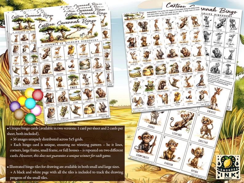 Cartoon Savannah Bingo: Wildlife Discovery With 150 Unique Printable ...
