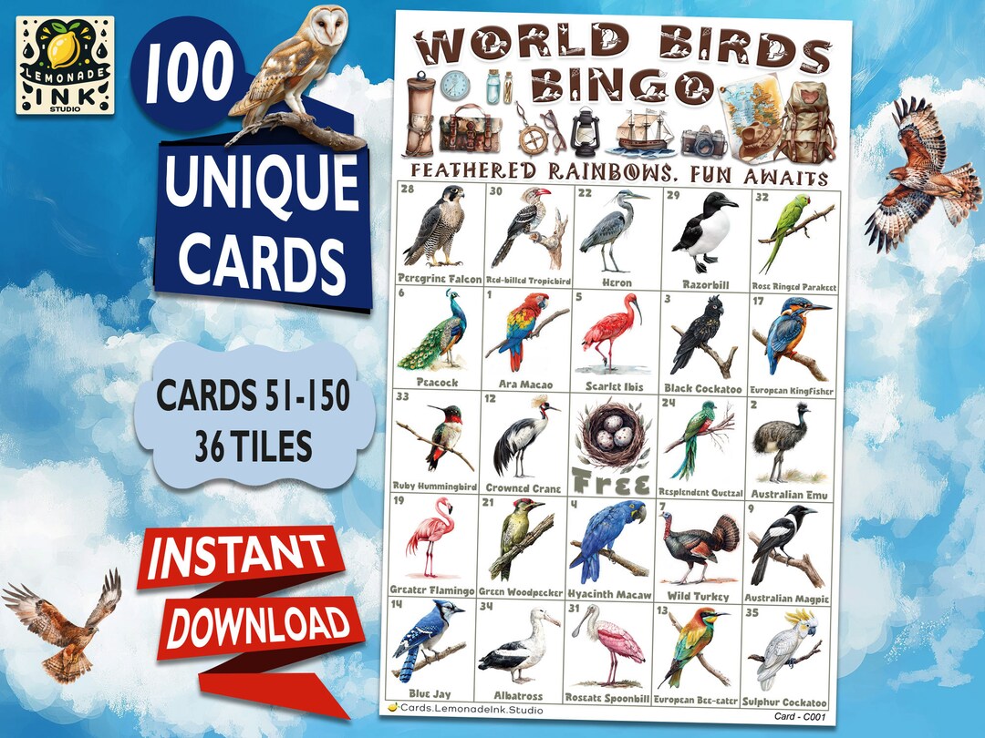 World Birds Bingo: Embark on a Wild Quest With 100 Unique Printable ...