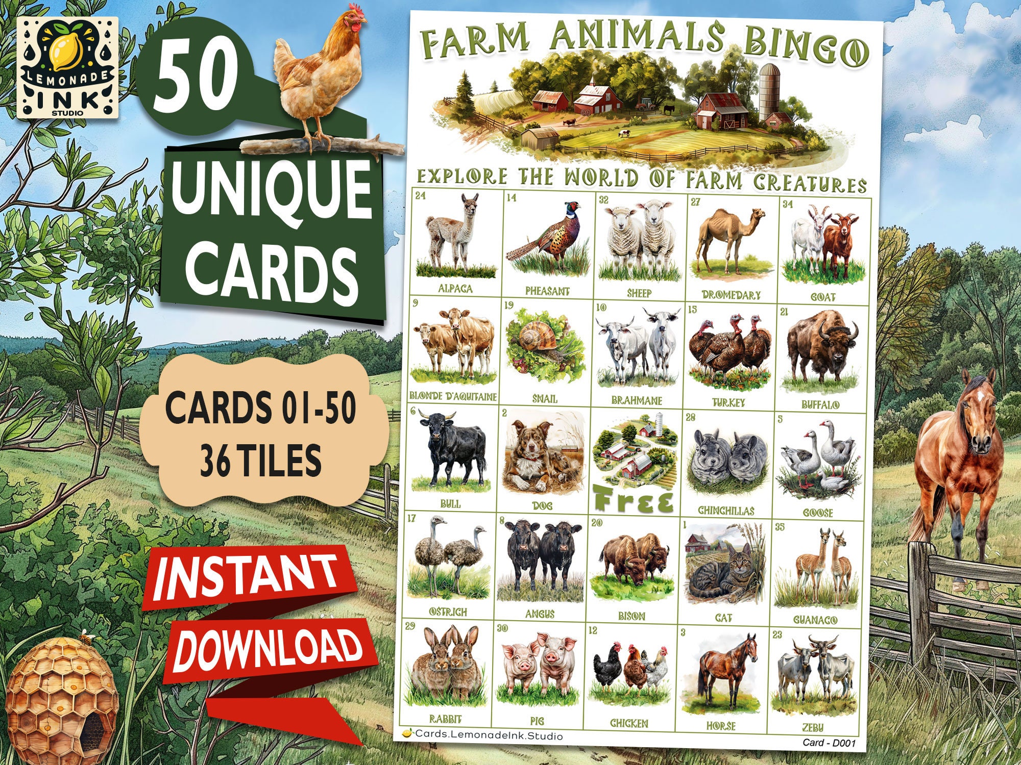 Farm Animals Bingo: Farm Creatures With 50 Unique Printable Cards Fun ...