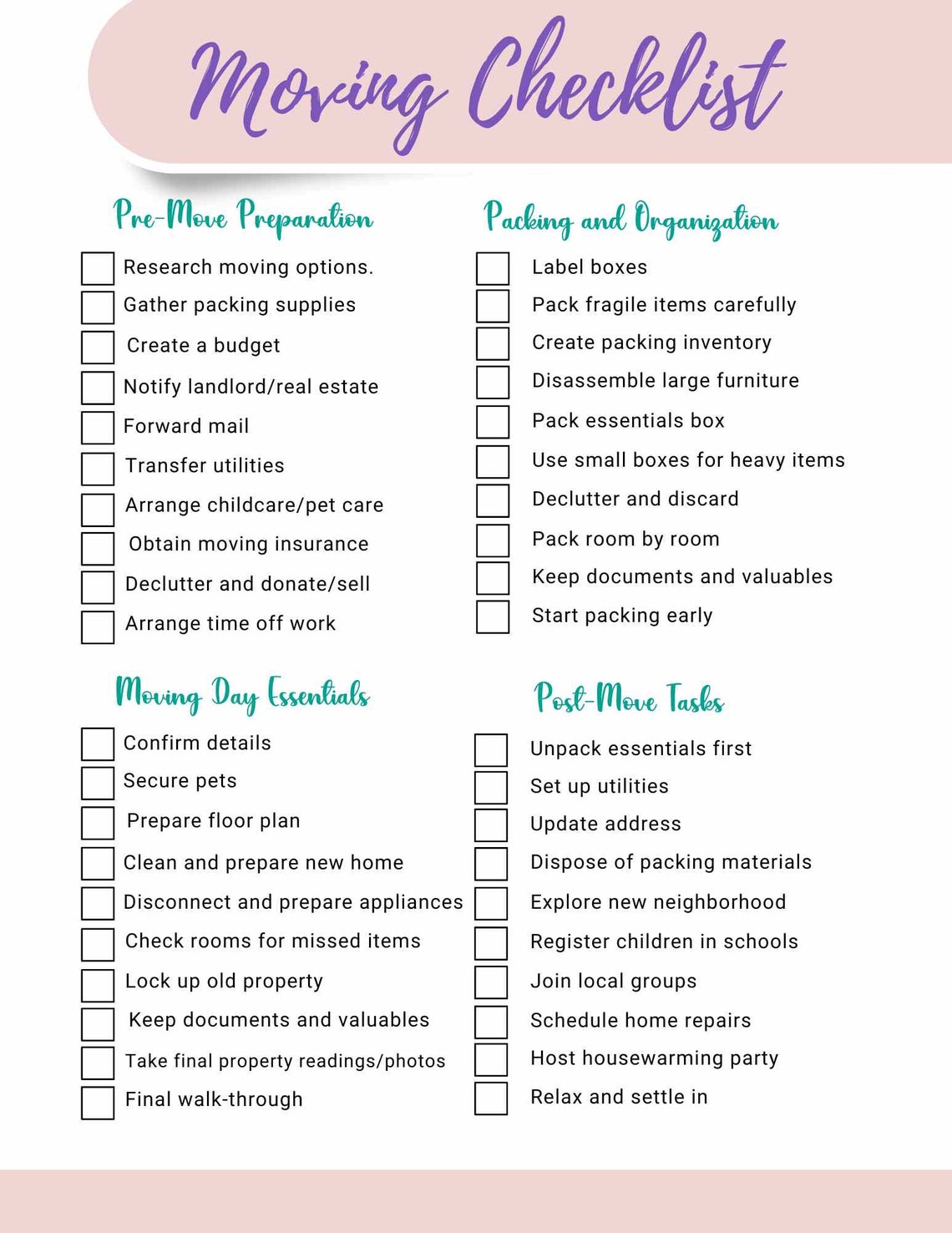 Printable Moving Checklist Instant Download for Organized Relocation ...