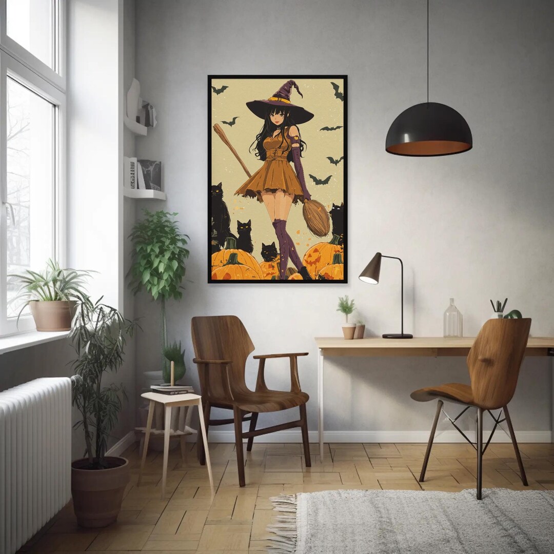 Cute Halloween Witch, Cats and Bats | Creepy Wall Art, Vintage Poster ...