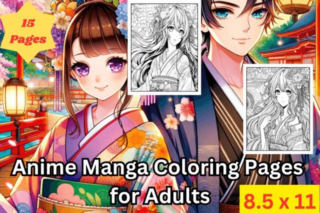 Anime Manga Coloring Book 15 Pages Cute Manga Fantasy Anime Coloring ...
