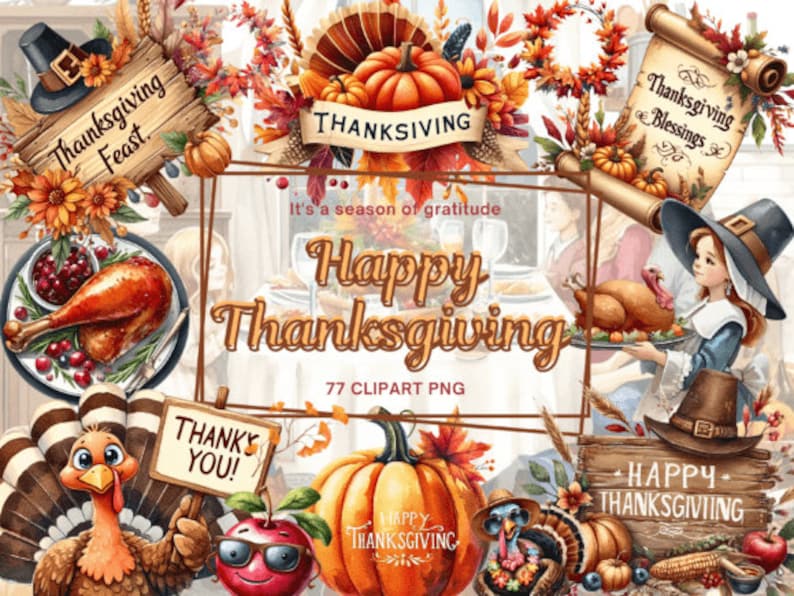 Thanksgiving Clipart Bundle - 77 PNG Grateful Festive Images | Harvest ...