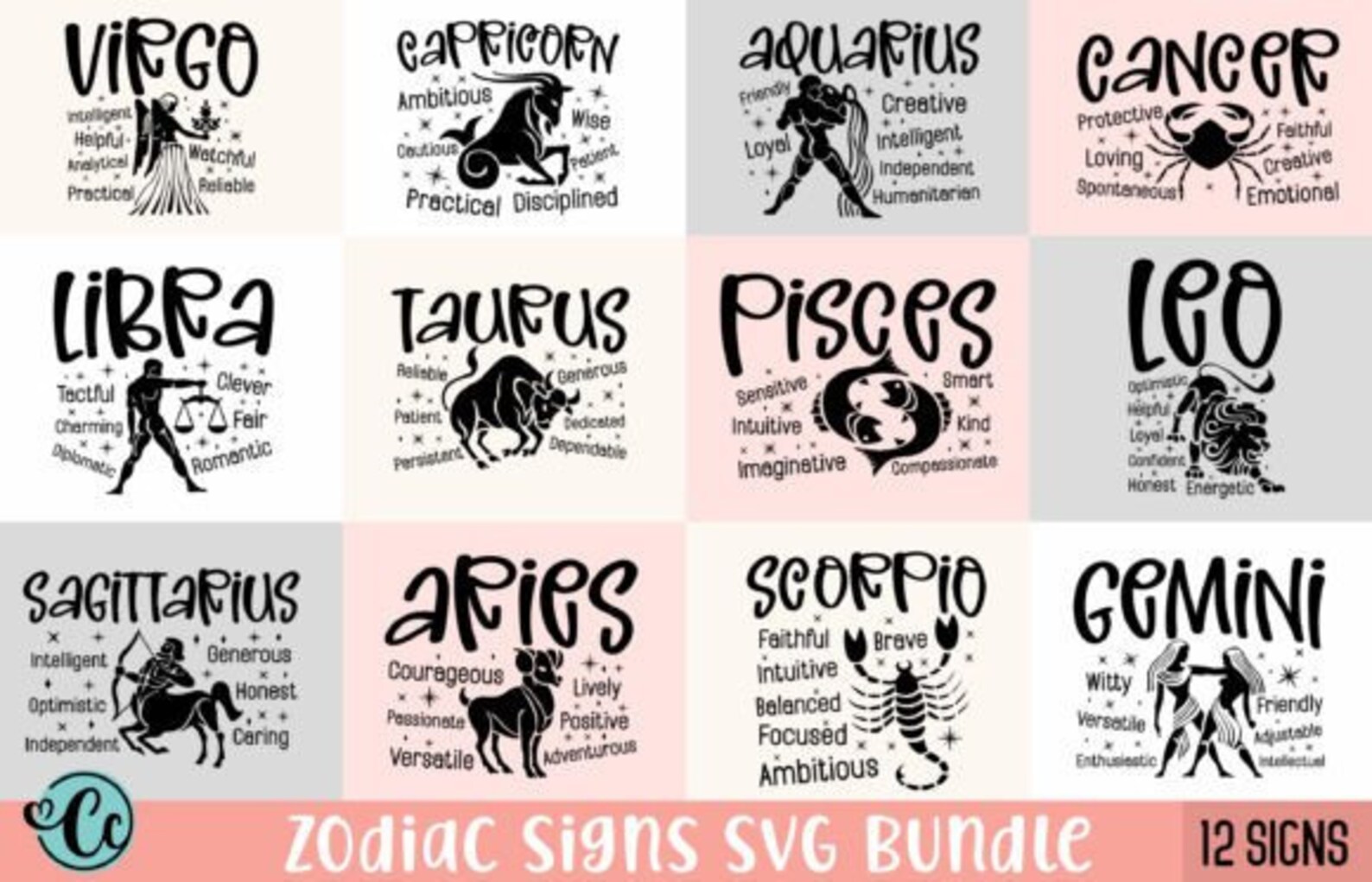 Zodiac Sign Svg | Zodiac Sign Clipart Bundle | Astrology Signs Svg ...