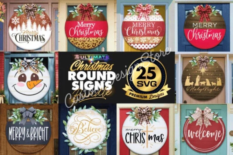 25 Christmas Round Signs SVG Bundle | Festive Door & Welcome Sign ...