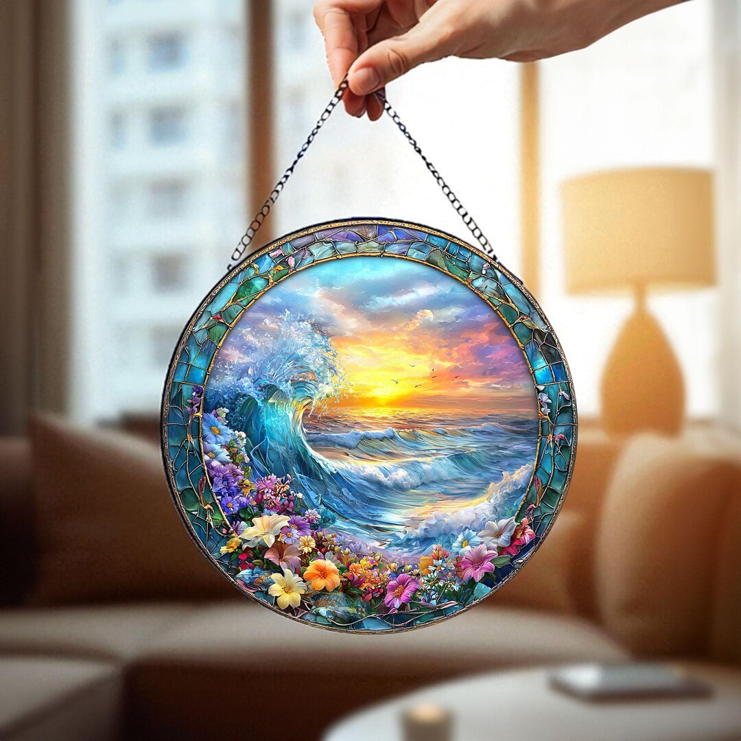 Ocean Waves Painted Stained Glass Suncatcher, Window Hanging Decor ...