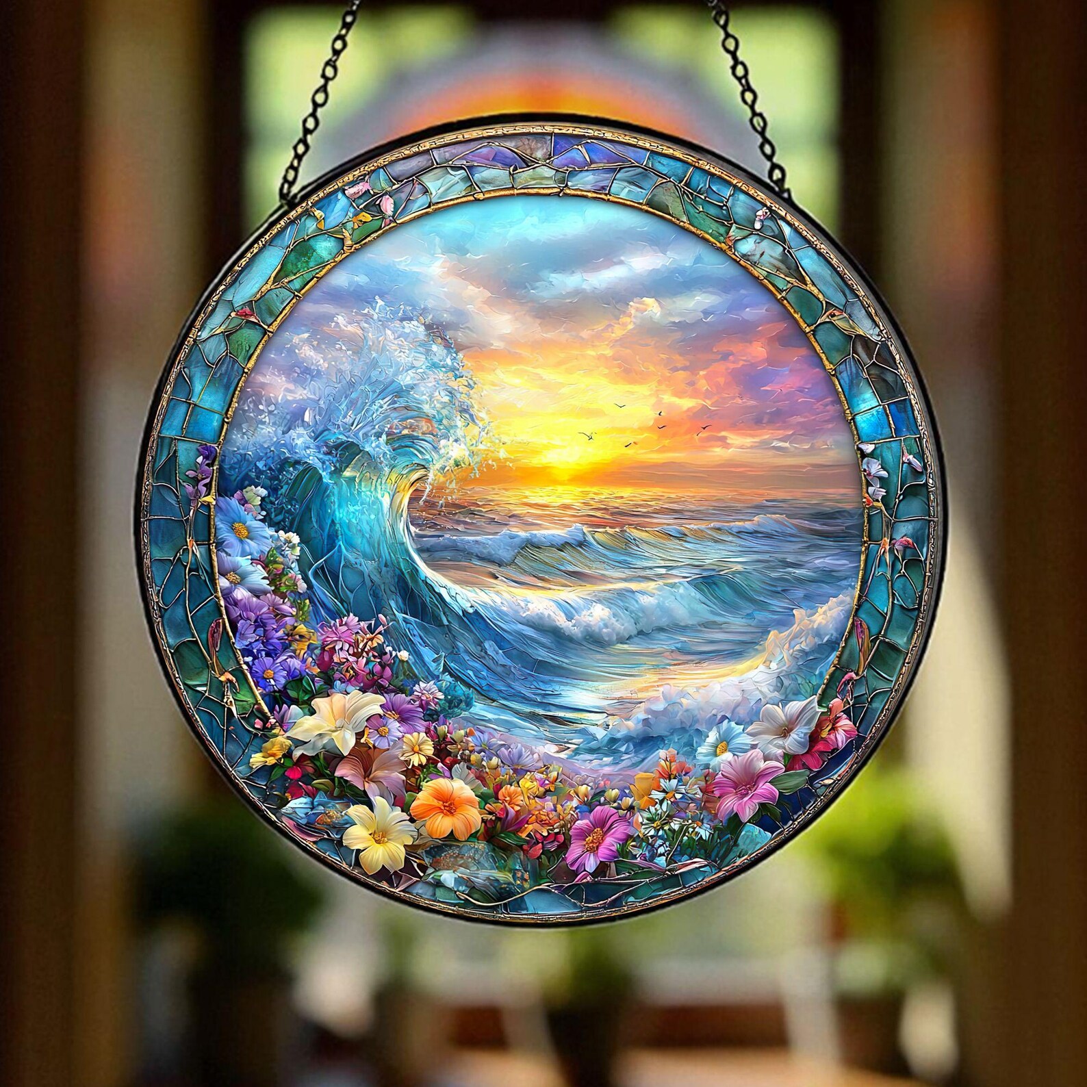 Ocean Waves Painted Stained Glass Suncatcher, Window Hanging Decor ...