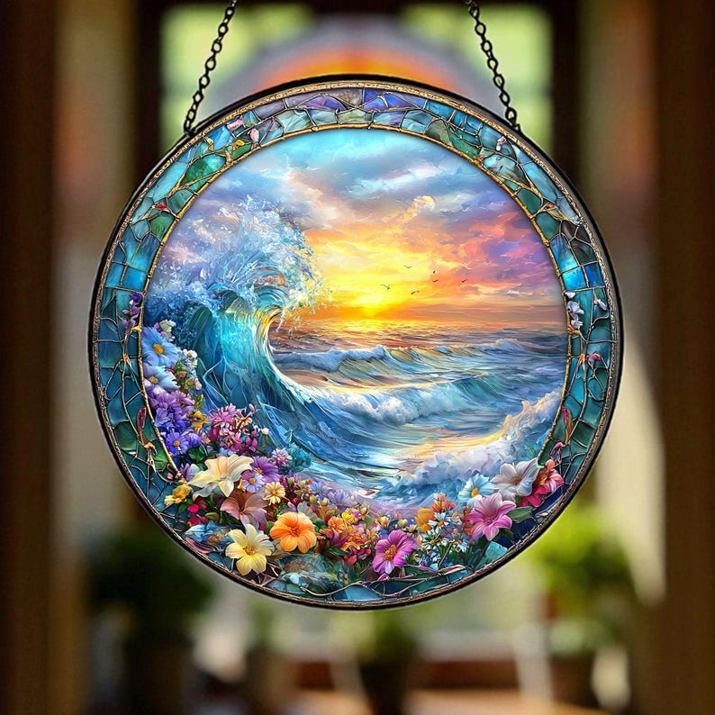Ocean Waves Painted Stained Glass Suncatcher, Window Hanging Decor ...