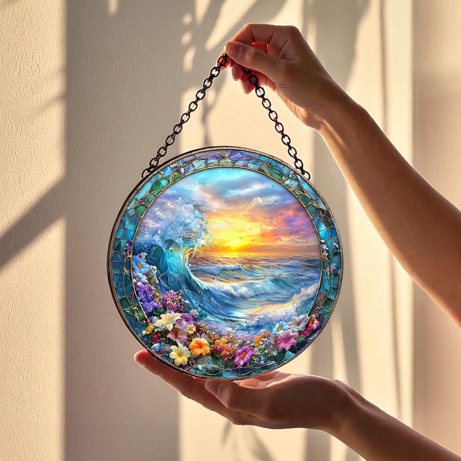 Ocean Waves Painted Stained Glass Suncatcher, Window Hanging Decor ...