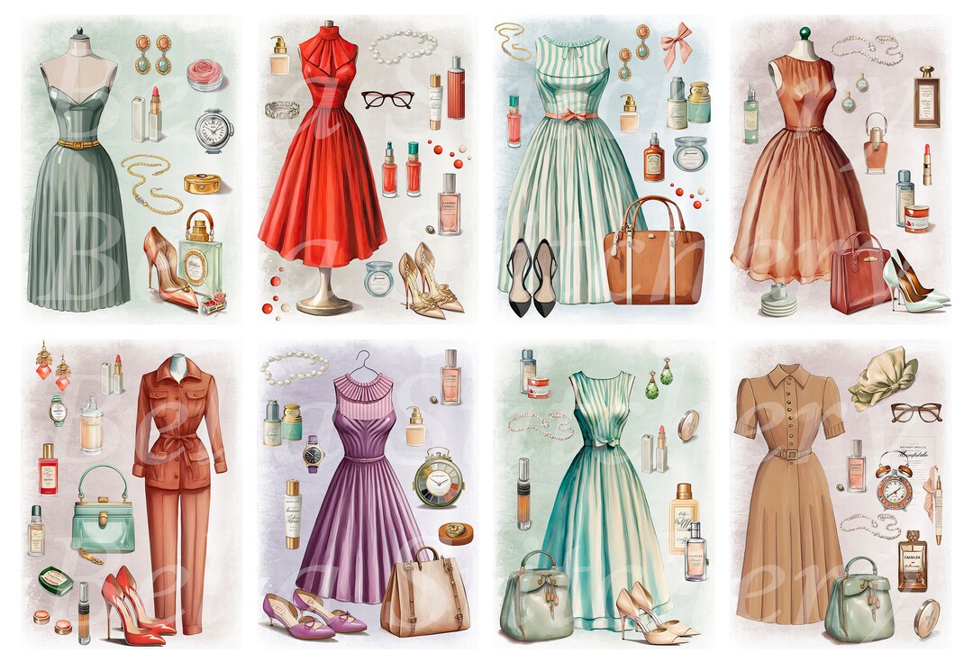 Set of 9 Vintage Retro 1950's Women's Fashion Collage STICKERS Just Cut ...