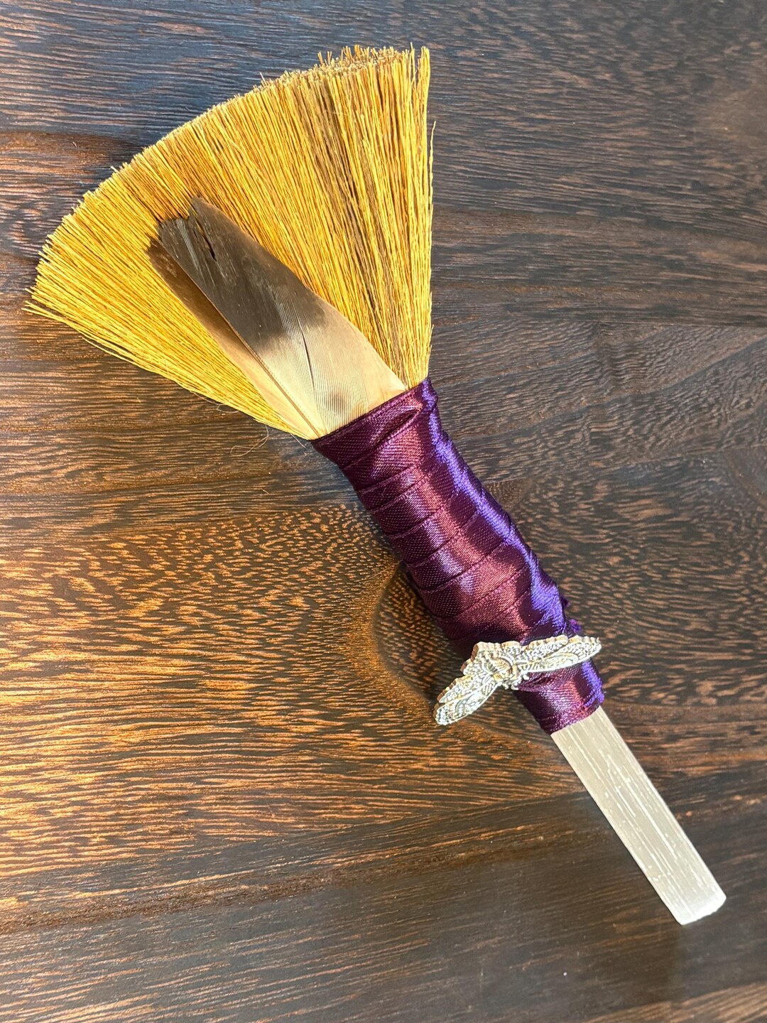 Handcrafted Altar Cleansing Broom | Selenite Crystal Handle & Pigeon ...