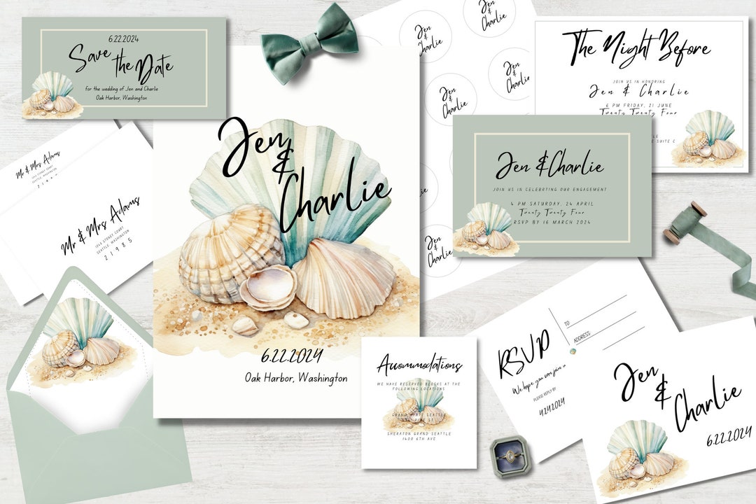 Wedding Template Bundle, Beach, Canva, Editable, Sea Shell - Etsy