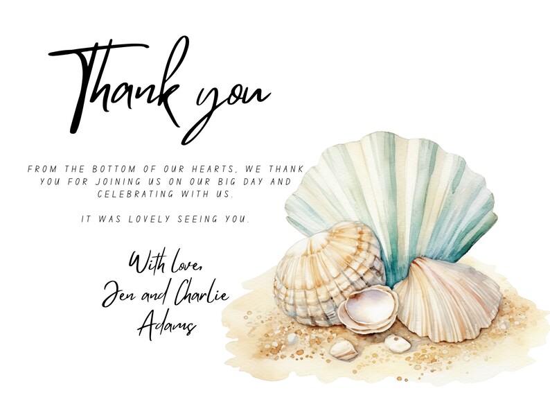 Beach Wedding Thank You Card Template: Editable Seashell Design Digital ...