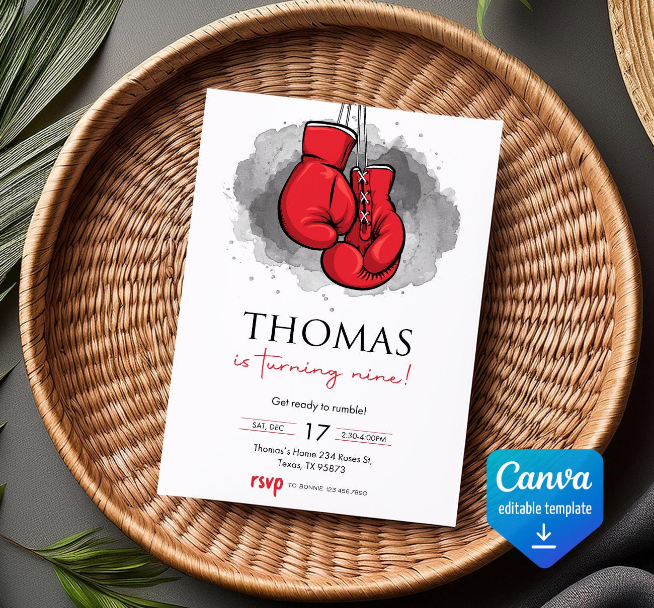 Printable Boxing Invitation, Fighter Invite, Digital Editable Birthday ...