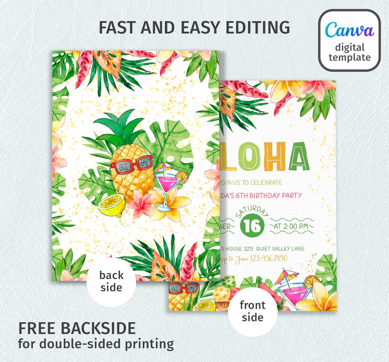 Aloha Party Invitation, Luau Birthday, Printable Editable Girl Invite ...