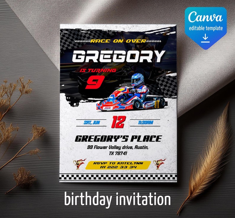 Go Kart Birthday Invitation, Go-kart Party, Karting Pilot Birthday ...