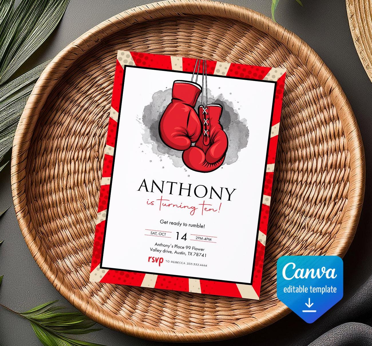 Printable Boxing Invitation, Fighter Invite, Digital Editable Birthday ...